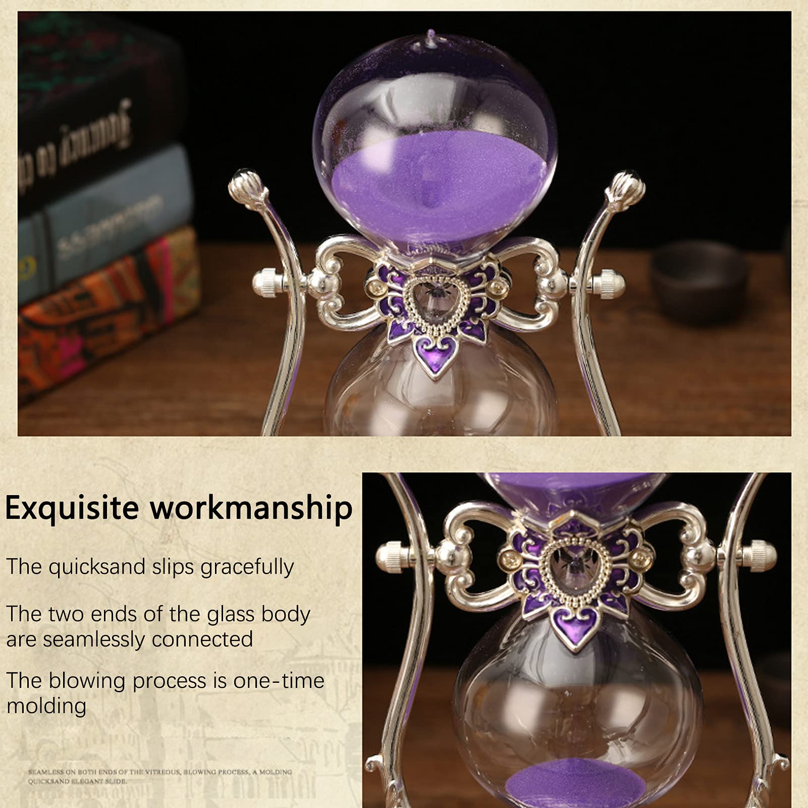 Vintage Hourglass Sand Timer,U Type Metal 60 Minute Visual Timer with Purple Sand,360° Rotation Sandglass Clock for Kitchen,Wedding,Home Decor