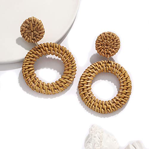 Rattan Earrings for Women Handmade Lightweight Wicker Straw Stud Earrings Statement Weaving Braid Drop Dangle Earring (Rattan Hoop)