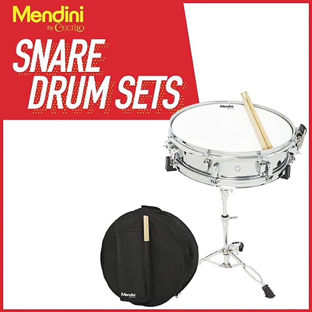Mendini Student Snare Drum Set with Gig Bag, Sticks, Stand and Practice Pad Kit, Black, MSN-1455P-BK