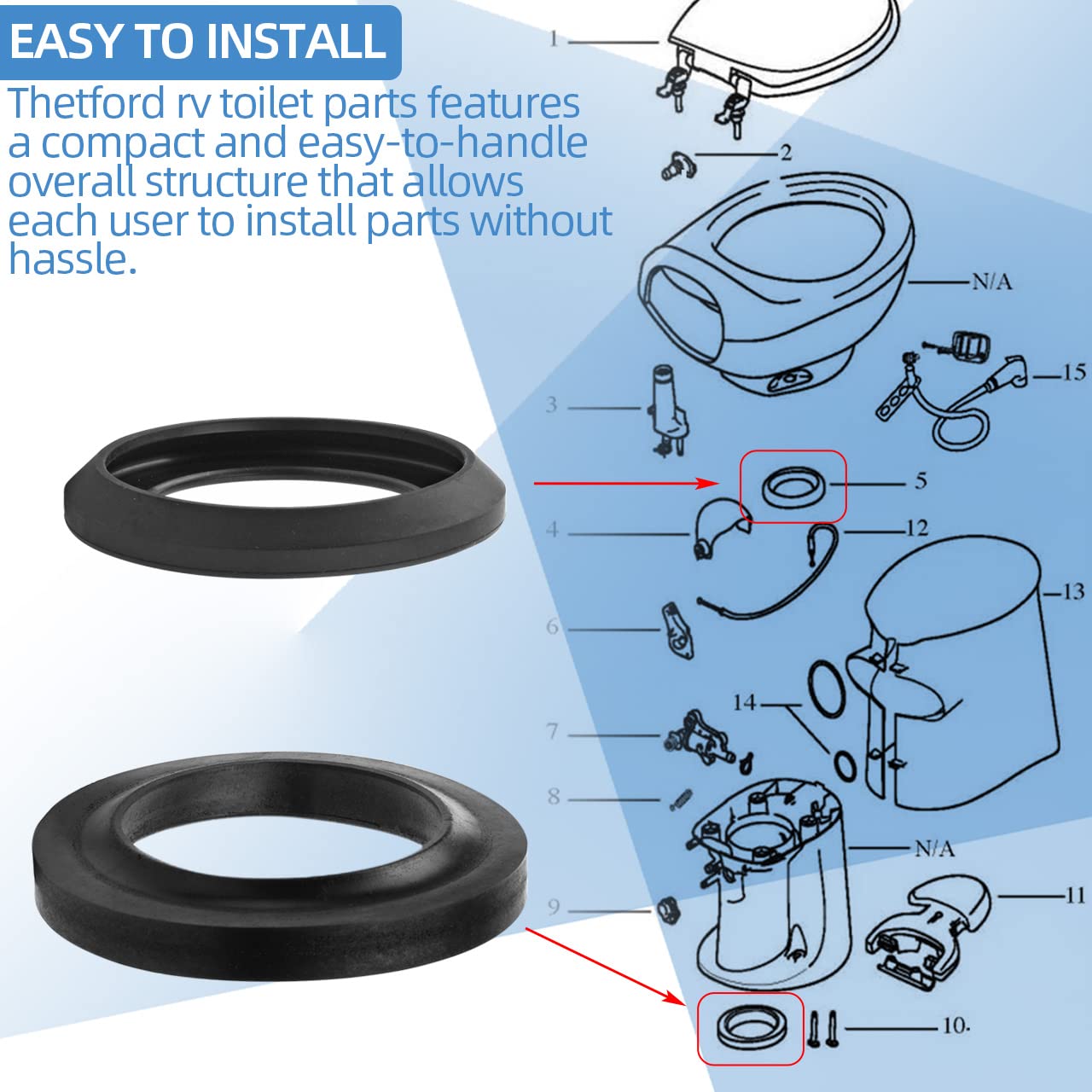 Usamate 34120 Waste Ball Seal Replacement for Style II & Style Plus Toilets Replace for Thetford, Include a Waste Ball Seal, a Base Gasket and Four Clear Plastic Gaskets
