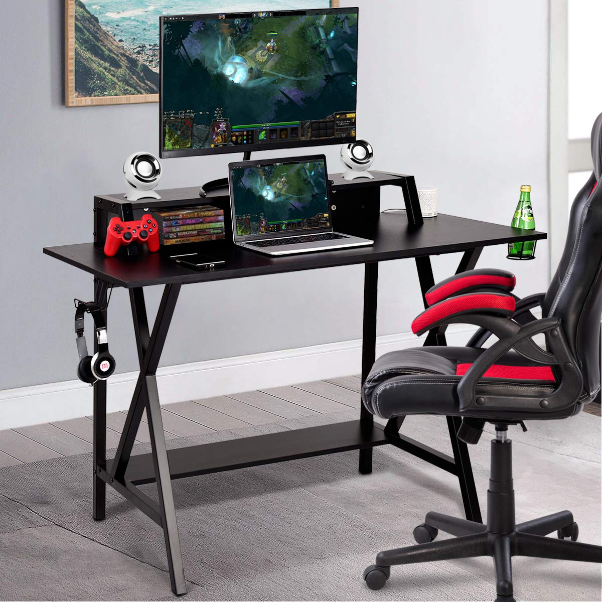 POWERSTONE Gaming Desk - 46” Gaming Computer Desk Office Desk Racing Style PC Gamer Desk Large Writing Workstation Black Home Table