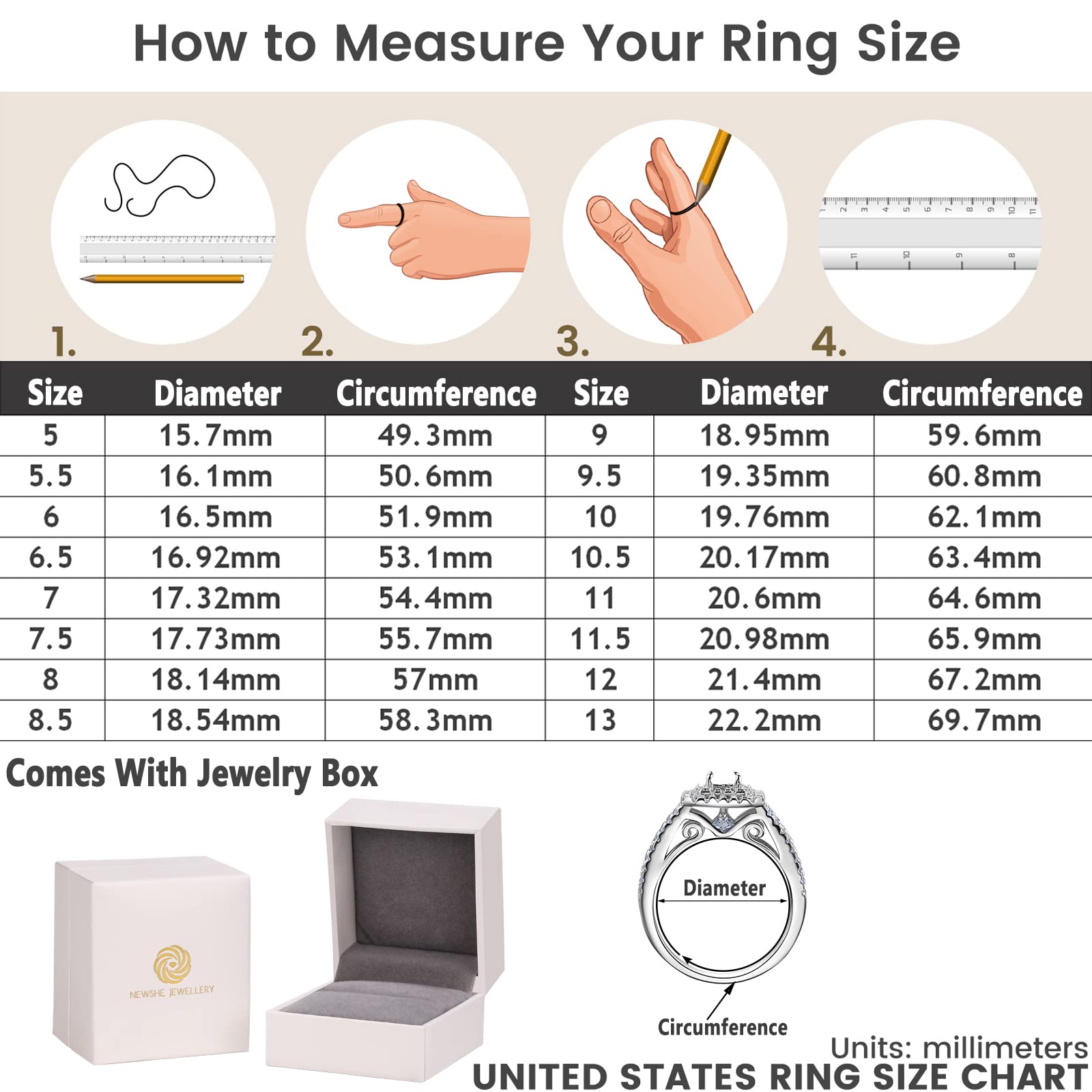 Newshe Wedding Band Engagement Ring Set for Women 925 Sterling Silver 2.8ct Princess White Cz Size 5