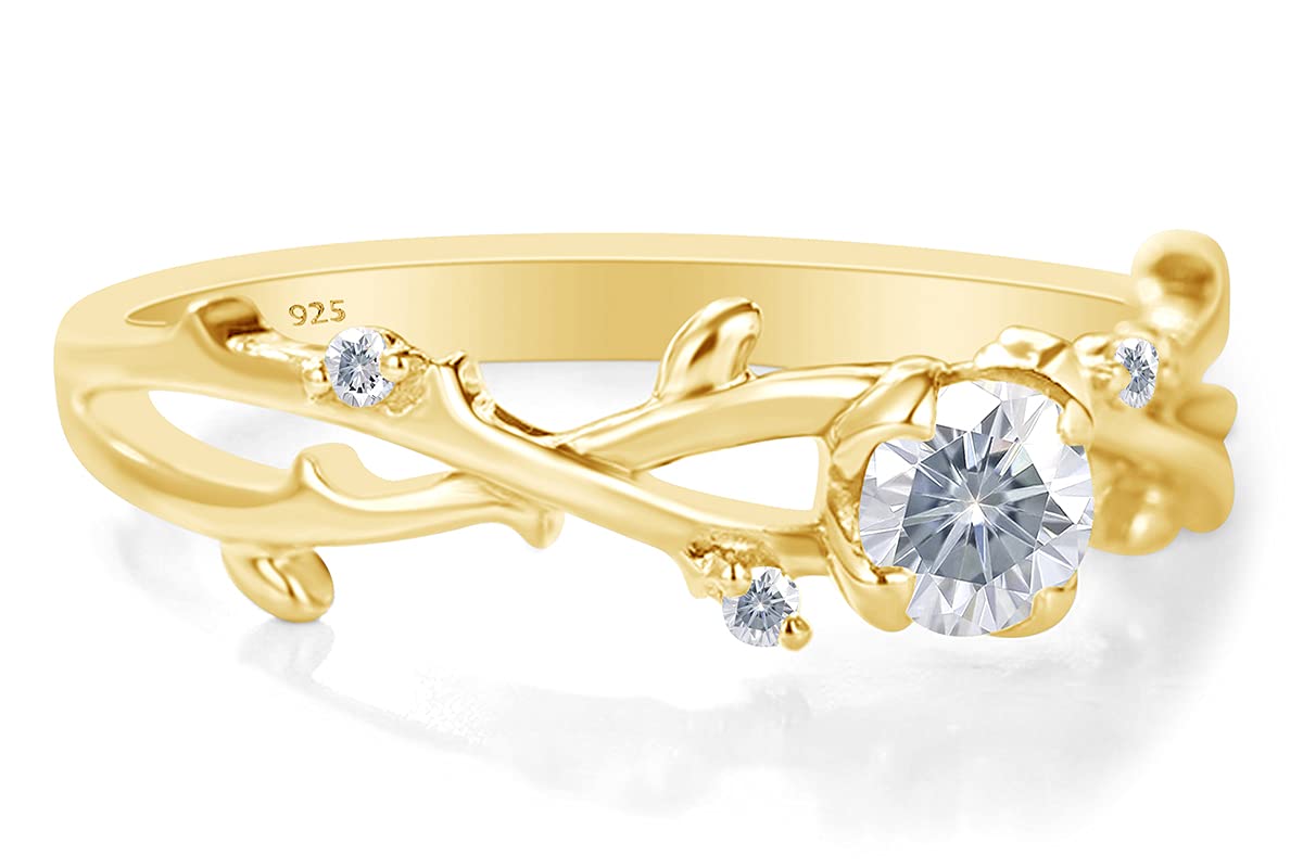 SAVEARTH DIAMONDS Twisted Leaf Design, 1/2 Carat Center Round Cut Moissanite Lab Created Diamond Solitaire Engagement Promise Ring In 14k Yellow Gold Over Sterling Silver (0.55 Cttw) Size-8