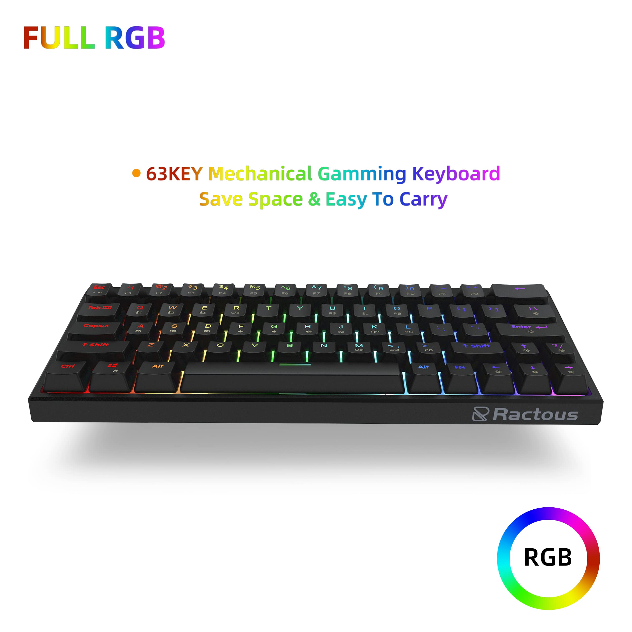 Ractous RTK63B 60% Wireless Mechanical Gaming Keyboard,RGB Blacklit PBT keycaps Type-C 63keys Bluetooth5.1/Wireless/Wried Gaming Keyboard for PC/Mac Gamers,Hot-Swap Optical Black Switch-Black