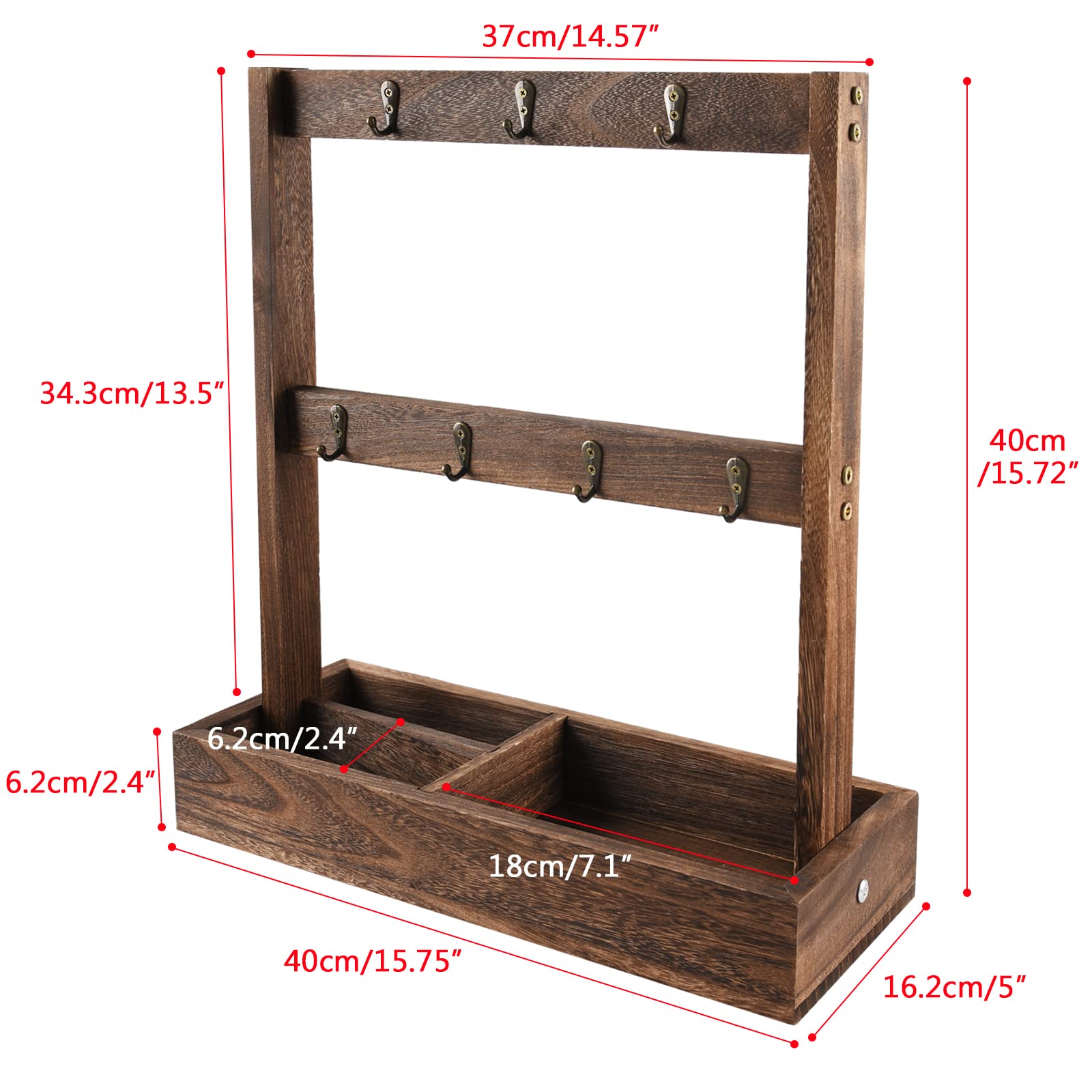 OHCCYML Rustic Coffee Mug Holder, 2 Tier Wood Coffee Cup Holder with Double Sided Hooks for 14 Mugs, Coffee Mug Organizer Stand Rack for Countertop, Display, Kitchen
