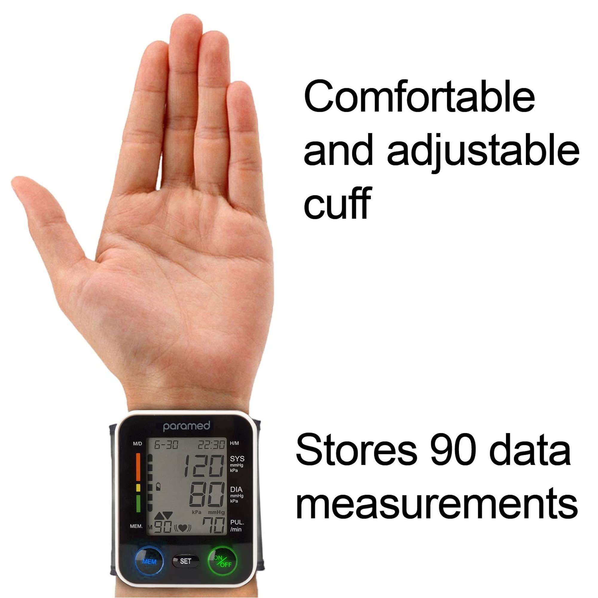 PARAMED Automatic Wrist Blood Pressure Monitor: Blood-Pressure Kit of Bp Cuff + 2AAA and Carrying case - Irregular Heartbeat Detector & 90 Readings Memory Function & Large Display