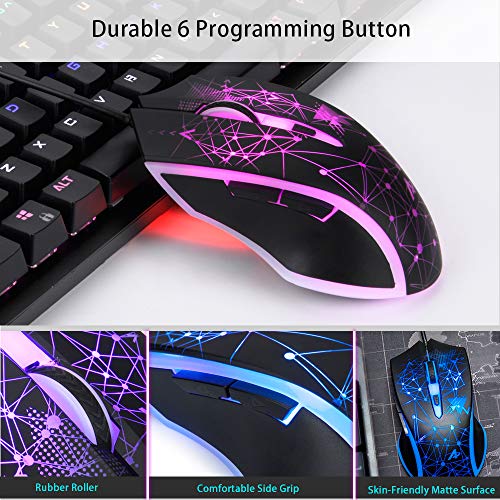 NACODEX Warder Mechanical Gaming Keyboard and Mouse Combo Blue Switch 104 Keys Anti-Ghosting RGB Backlit Floating Keyboard, 3200 DPI 6 Programmable Button Mouse Wired (Blue Switches Black)