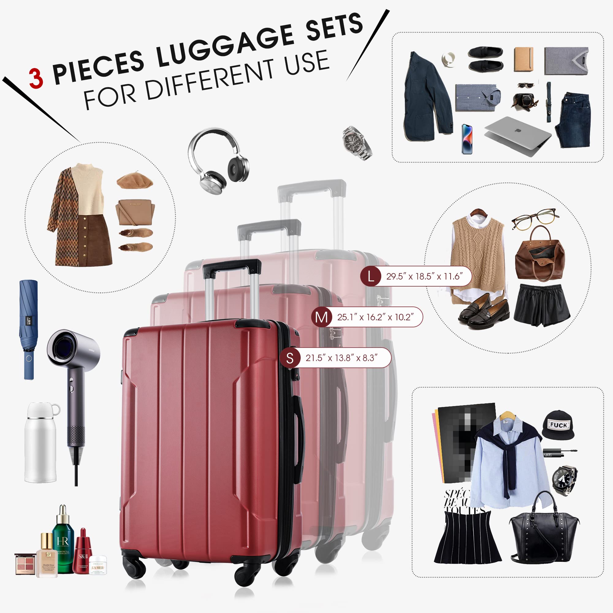 Merax Hardside Luggage Sets 3 Piece Luggage Set Carry On Expandable Luggage with TSA Lock Spinner Wheels for Men Women (Red)