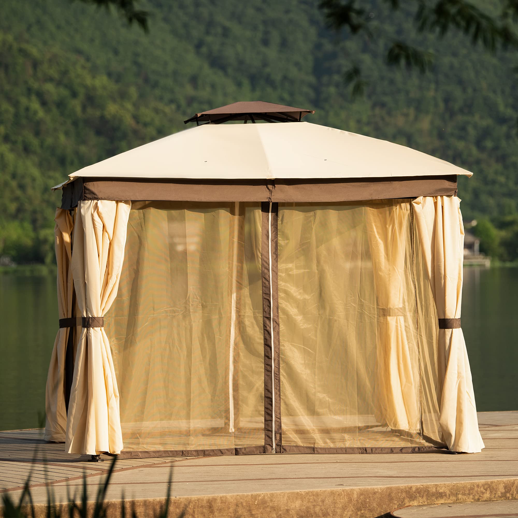 Merax Round Hardtop Gazebo with Removable Curtains, Outdoor Double Roof Canopy Shelter for Patio Garden Backyard Beige