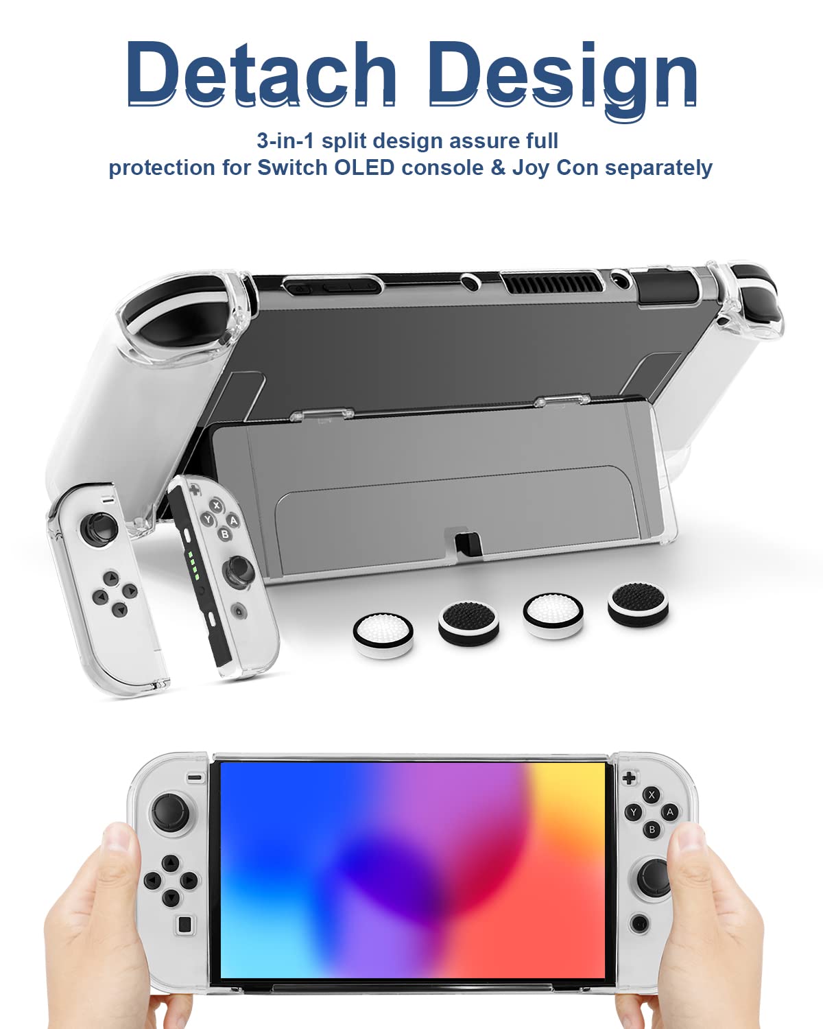 Switch OLED Dockable Case, Switch OLED Protective Case Cover with Tempered Glass Screen Protector & Thumb Stick Caps, Compatible with Switch OLED Console and Joy-Con Controller ( Clear)