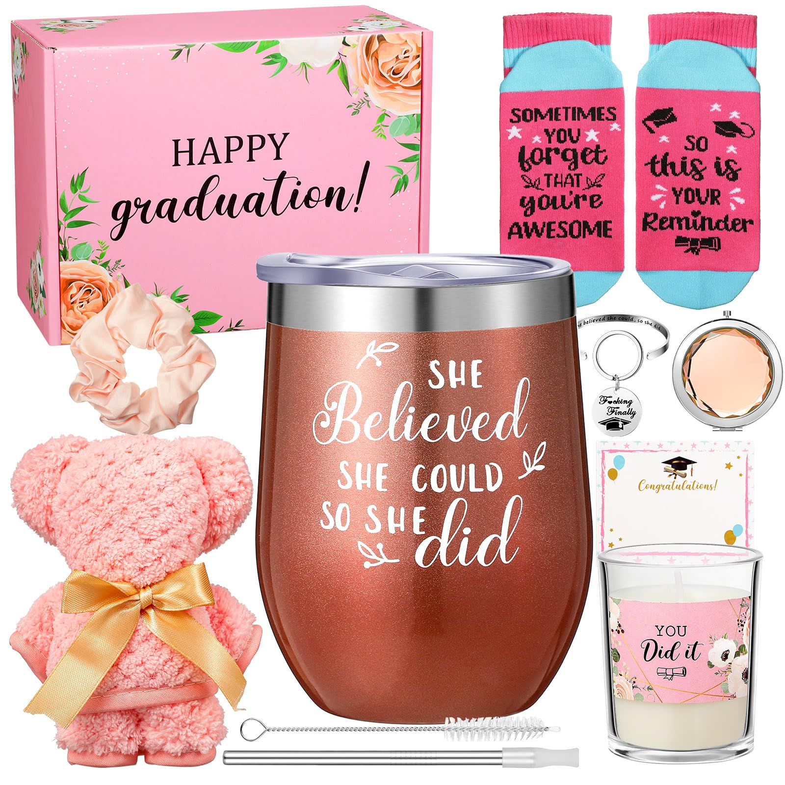 Teling Graduation Gifts for Her Graduation Gift Basket Set Includes Coffee Mug, Bracelet, Keychain, Candle, Towel, Socks, Scrunchie, Mirror Candle Card for Senior College Graduation Party (Pink)