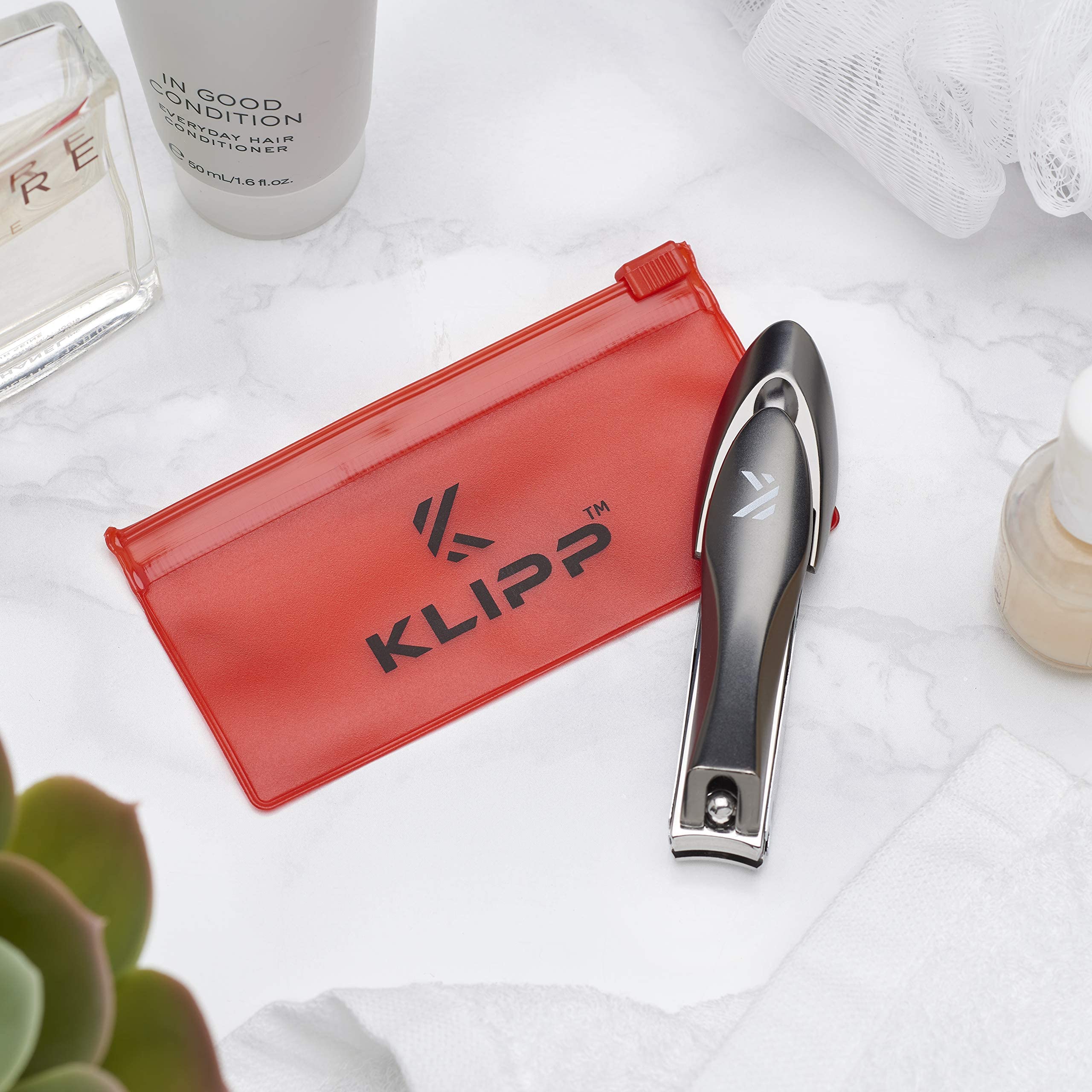 Nail Clippers with Catcher – KLIPP Heavy Duty Stainless Steel Fingernail and Toe Nail Cutter with Curved Surgical Blades and Built-in Nail File – Ergonomic Handle with Wide Jaws for Thick Nails