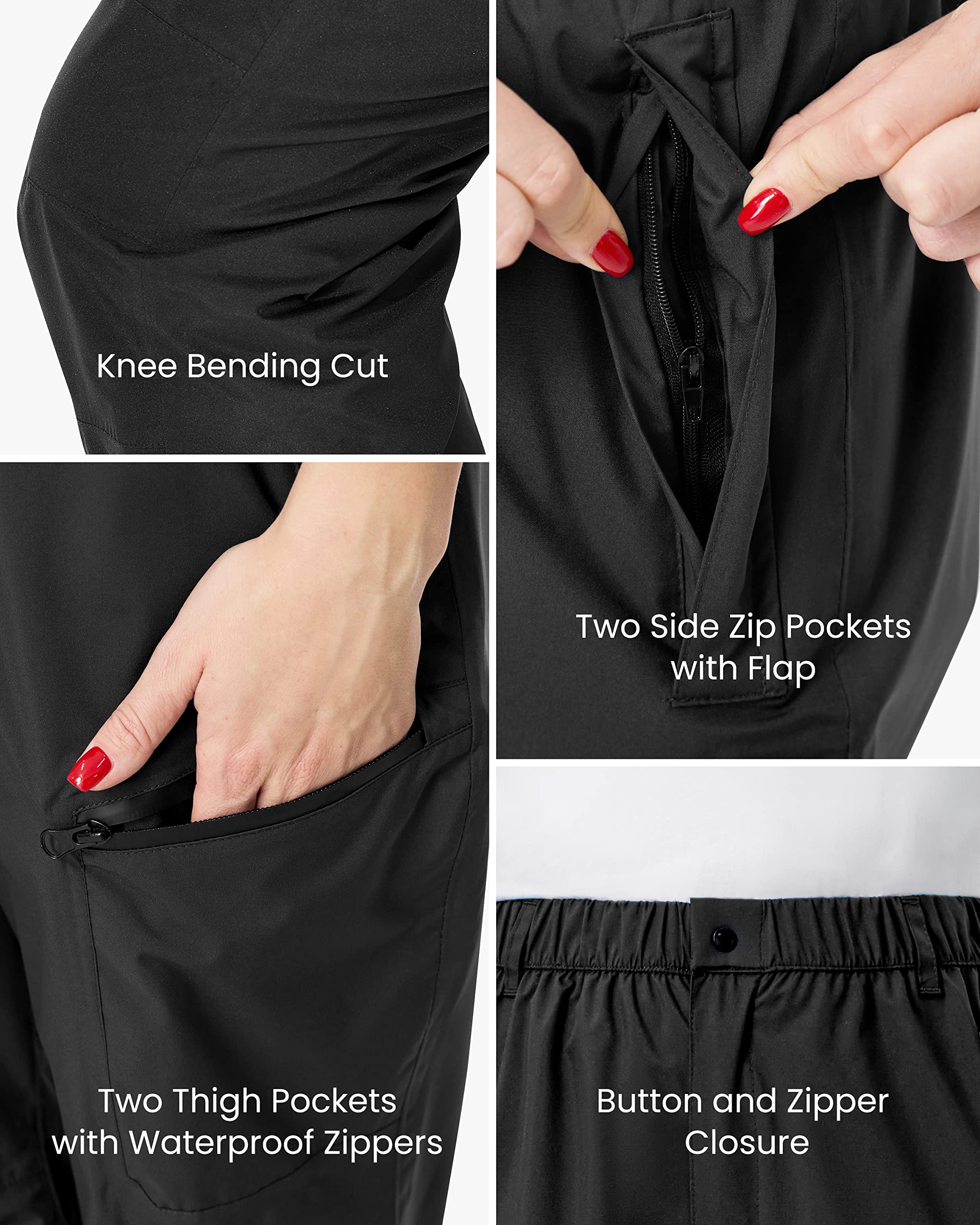 Women's Rain Pants, Waterproof Rain Over Pants Lightweight Packable Windproof Hiking Pants Outdoor Golf Work Black