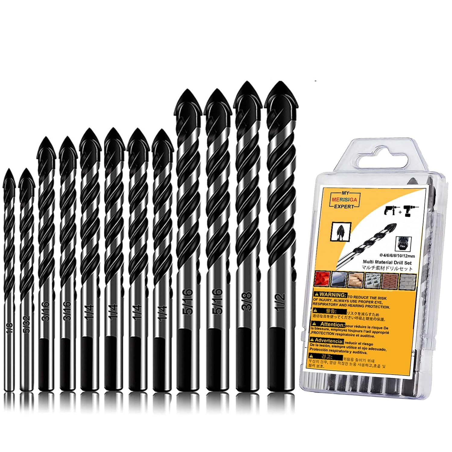 Merisiga 12-Piece Masonry Drill Bit Set for Concrete, Tile, Brick, Cement, Glass, Plastic, CINDERBLOCK, Wood, Chrome Plated with Industrial Strength Carbide Tips