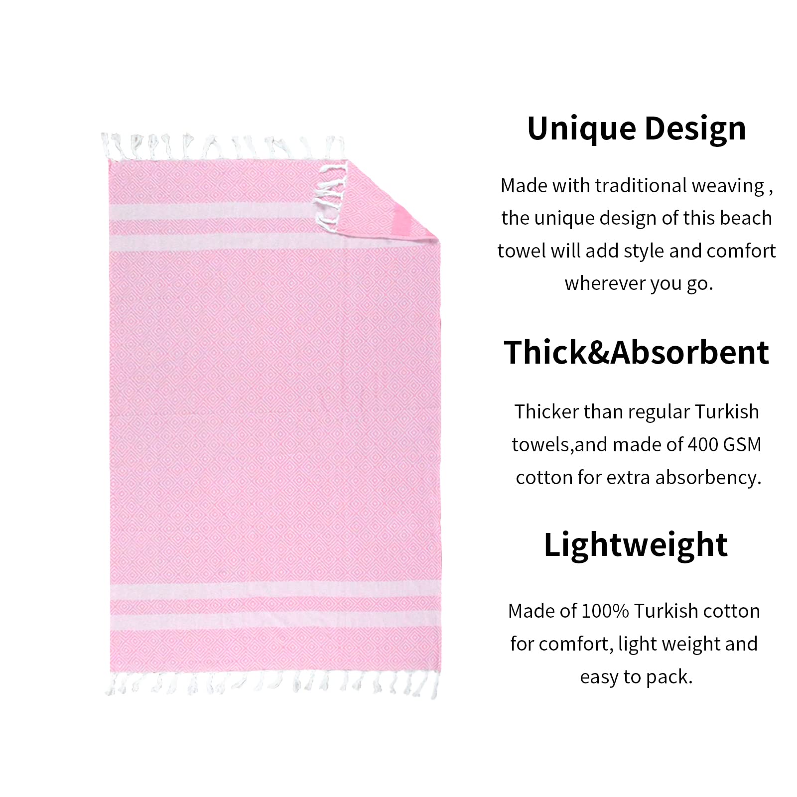 NakedCloud Turkish Beach Towel with Storage bag 39 x 71 Inches, Quick Dry Diamond Weave Cotton Towel Blanket for Bath,Beach,Pool,Lightweight Large Oversized Turkish Beach Blanket(Pink)