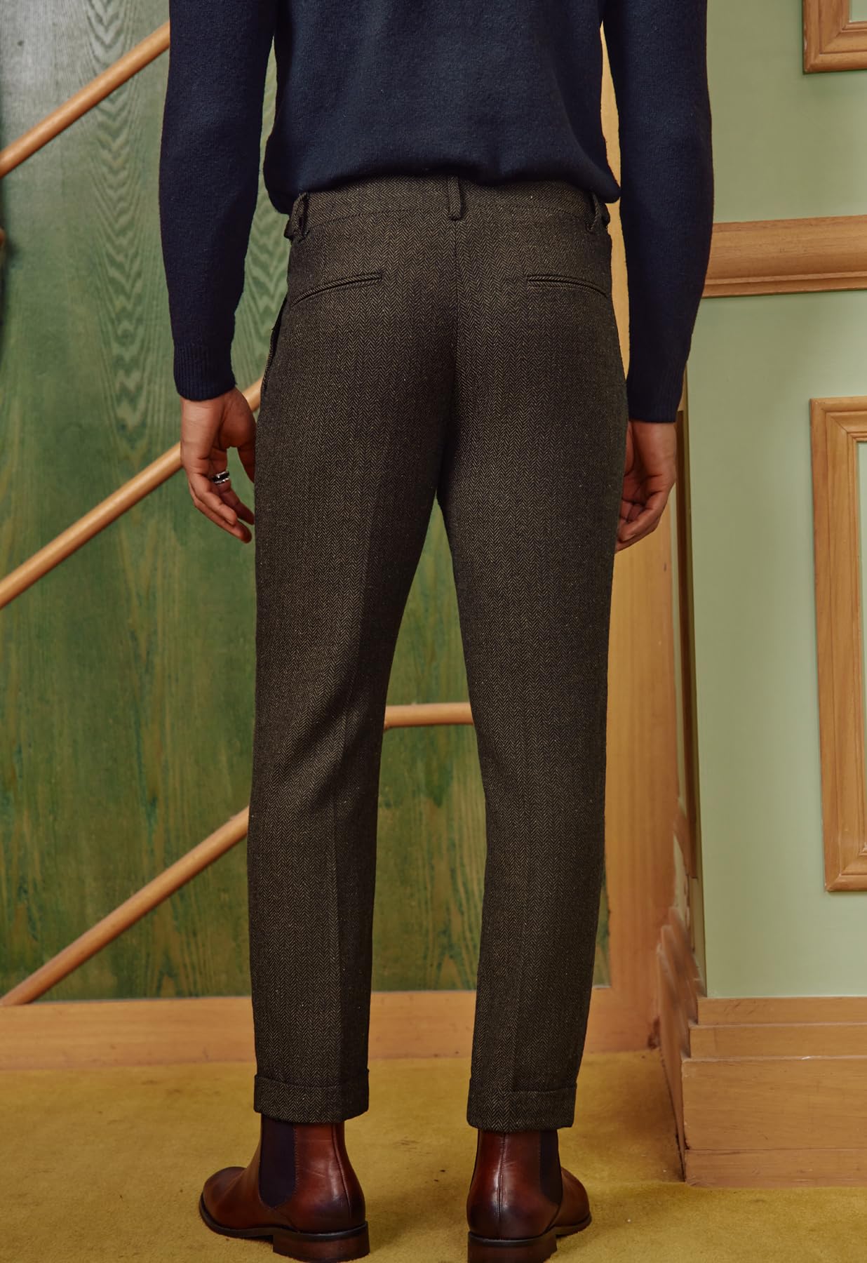 Mens Classic Italian Tweed Pants Double Pleated Adjustable Herringbone Trousers Brown