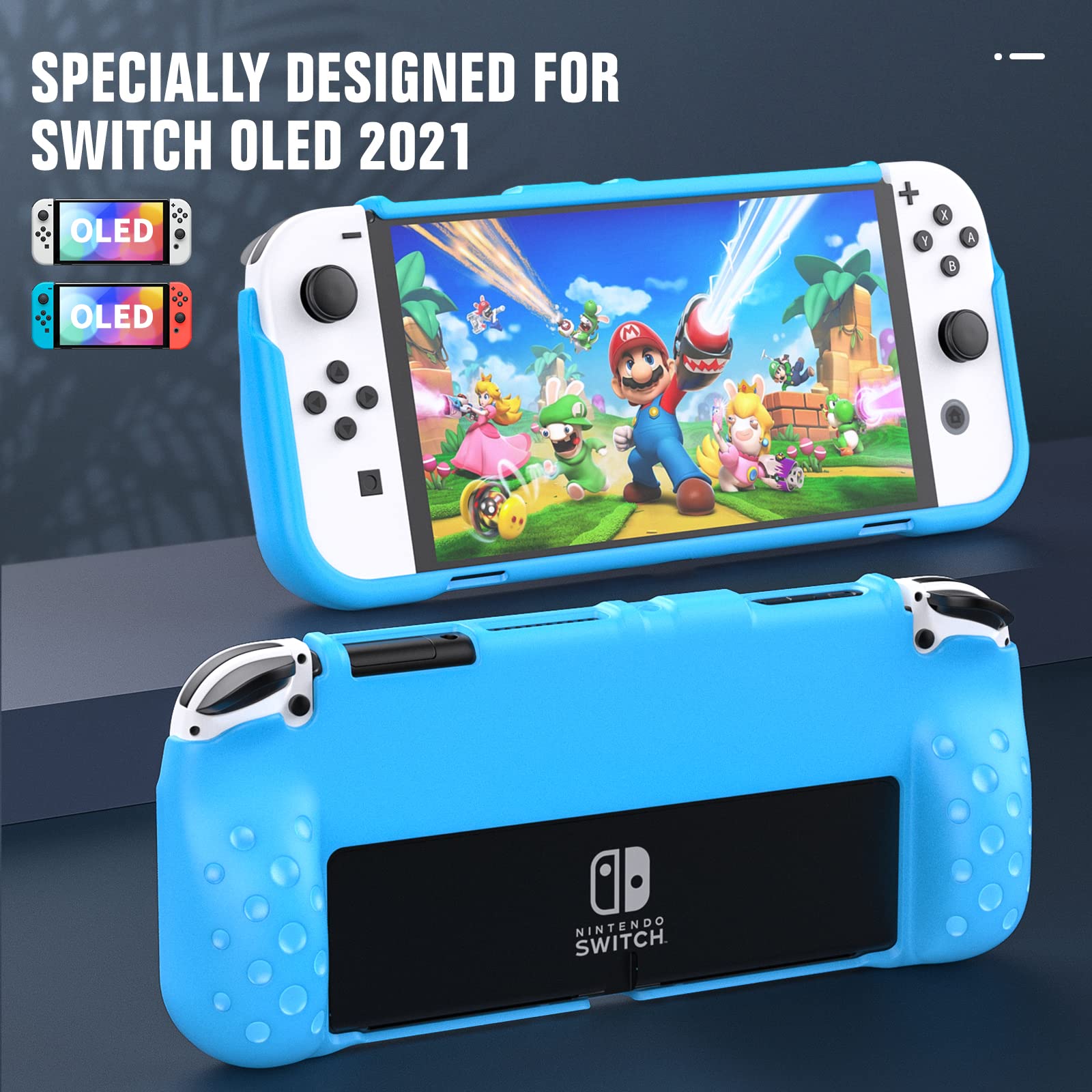 TiMOVO Switch Case Compatible with Nintendo Switch OLED Model 2021, One-Piece Anti-Scratch Protective Cover Shock-Absorption, Ergonomic Grip of Back with TPU Concave Bulge Design Fit Switch OLED, Blue