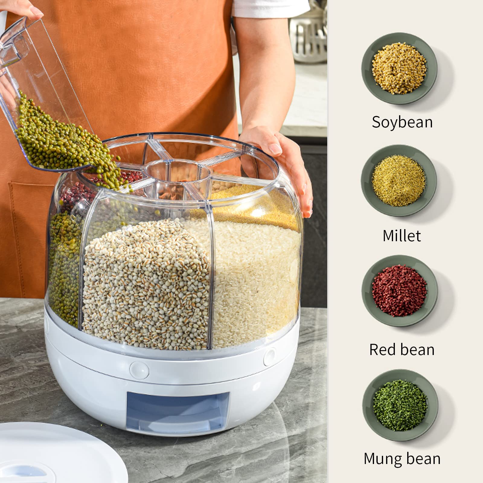 UOIENRT 6 Grid Grain Dispenser, 18L 360° Rotation Food Dispenser Rice Dispenser Storage Container for Beans, Rice, Black Rice, Yellow Rice