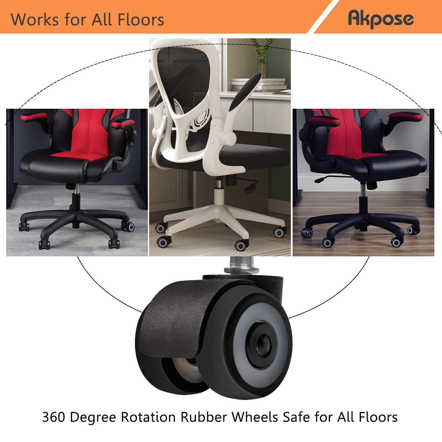Office Chair Caster Wheels Replacement 2 Inch Heavy Duty 650LBs Computer Gaming Desk Dual Rubber Chair Wheels, Set of 5, Safe for All Floors - Universal Stem 7/16"X 7/8", Smooth & Silent