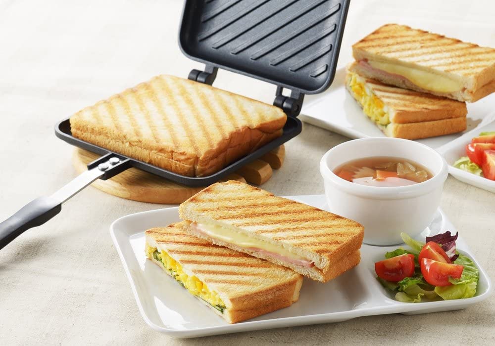 Toraya Hot Sandwich Maker, Crispy Grilling, Single, Fluorine Treated, For Gas Stoves, Black, Total Width: 13.8 inches (35 cm)