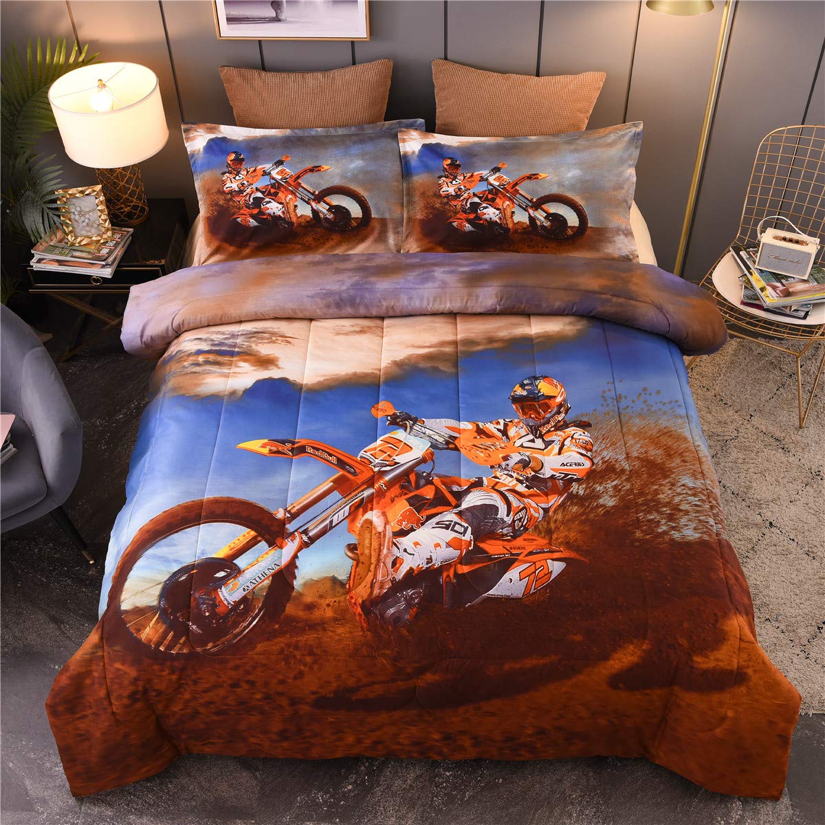 NTBED Extreme Sport Comforter Set Full Motorcycle Off-Road Printed Reversible Quilt Motocross Dirt Bike Teens Boys Bedding Sets (Blue, Full)
