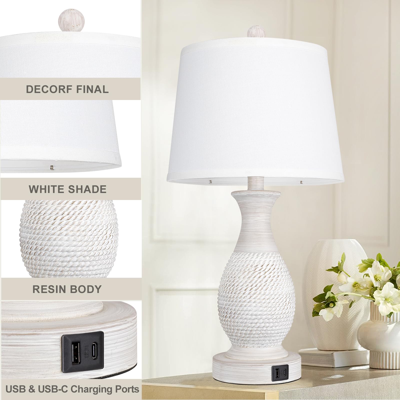 PARTPHONER 【Upgraded】 Table Lamps Set of 2, Bedside Touch Lamp with USB C+A Charging Ports, Side Table Lamp with White Fabric Shade (LED Bulbs Included)