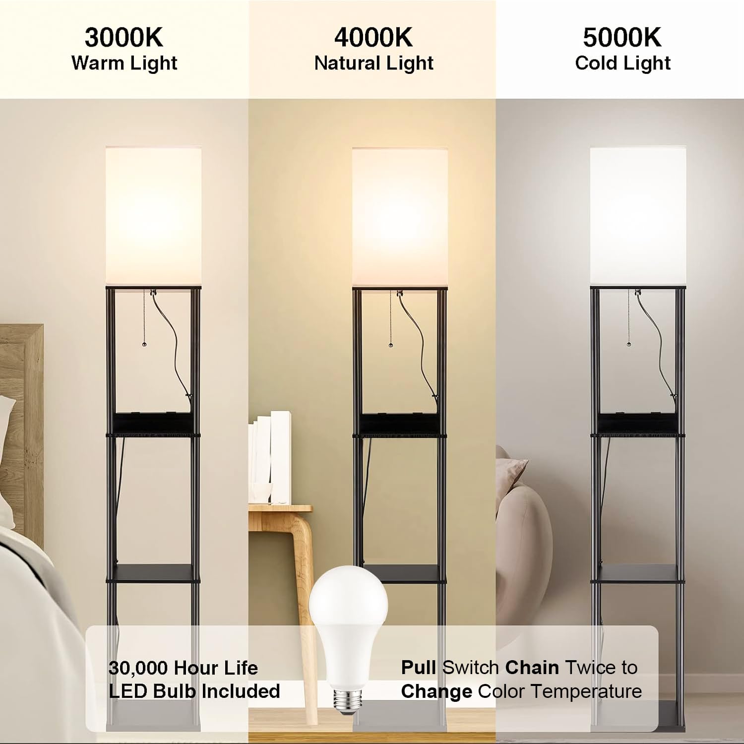 NUNET Smart LED Floor Lamp with Shelves 3 Color Temperature Light & Dimmable App Controlled Wi-Fi Bulb w. 3 Level Shelves & Cellphone/Photo Frame Stand for Bedroom Living Room Corner etc. (Black)