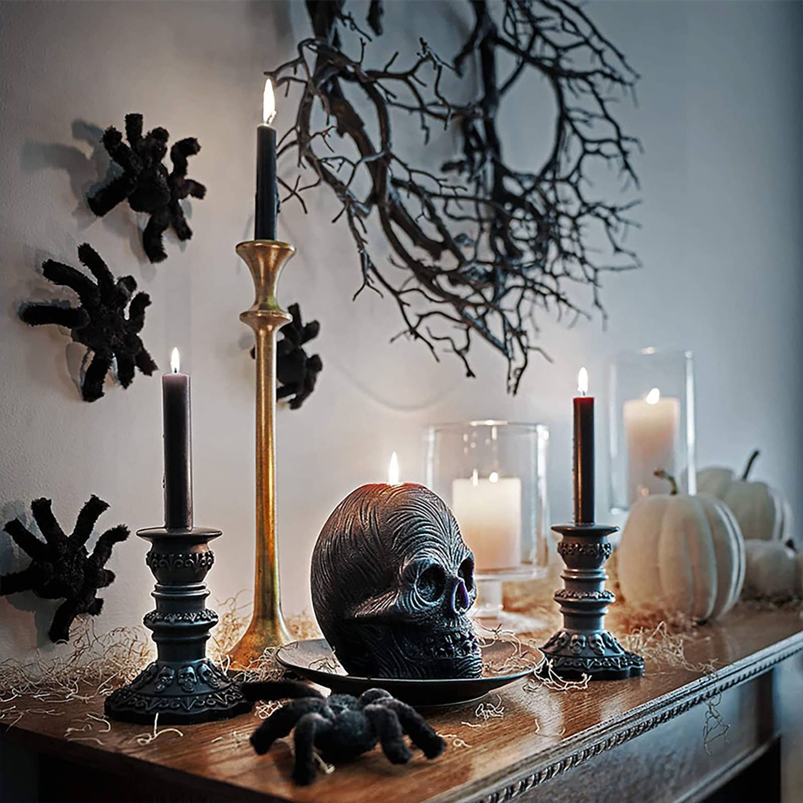 Pre-lit Halloween Wreaths for Front Door Decorations, Black Branches Halloween Wreath with Lights, Door Hanging Lighted Wreath Outdoor Halloween Decorations Holiday Party Props (A-Lighted, One Size)
