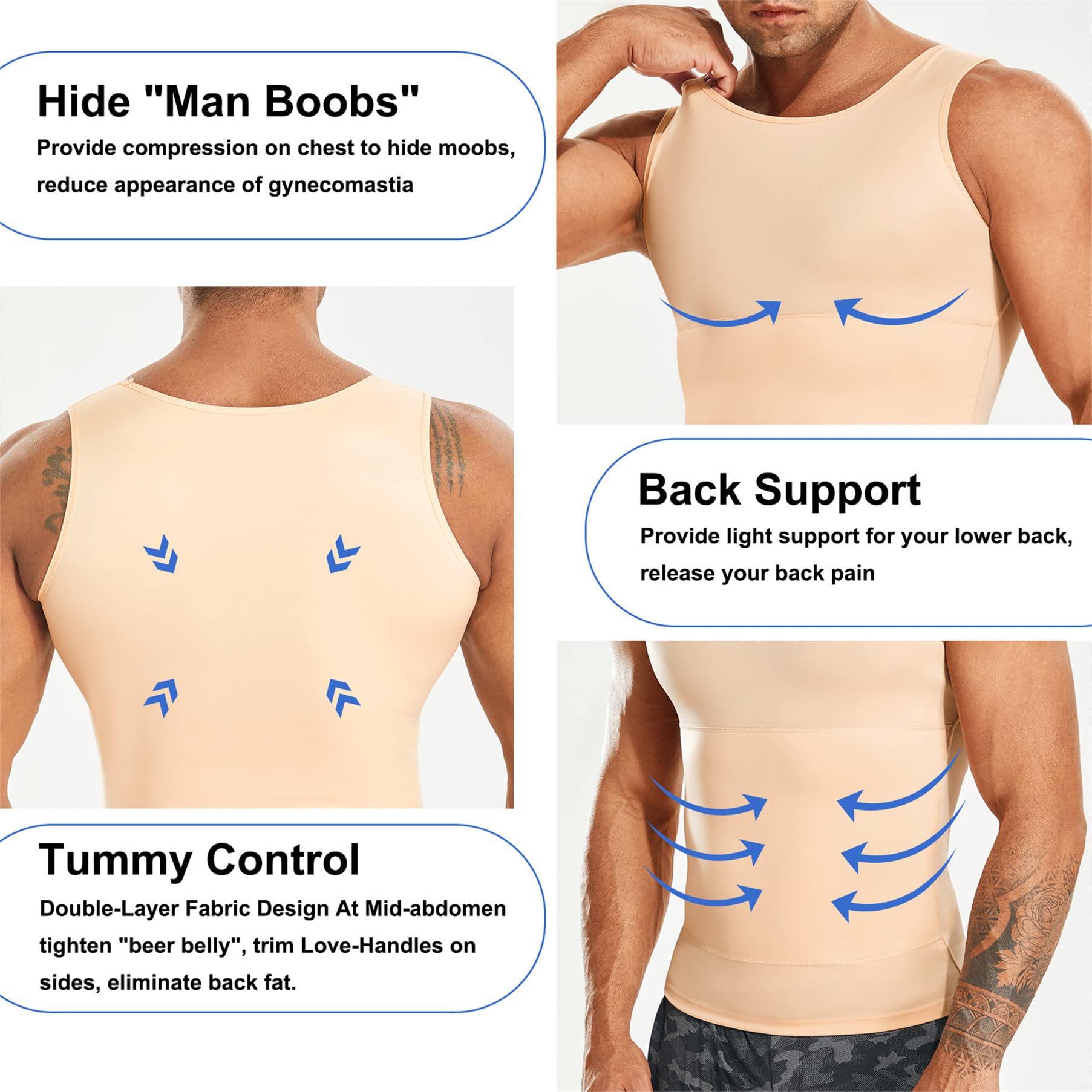 Mens Compression Shirt Slimming Body Shaper Vest Workout Tank Tops Abs Abdomen Undershirts (Beige, L)
