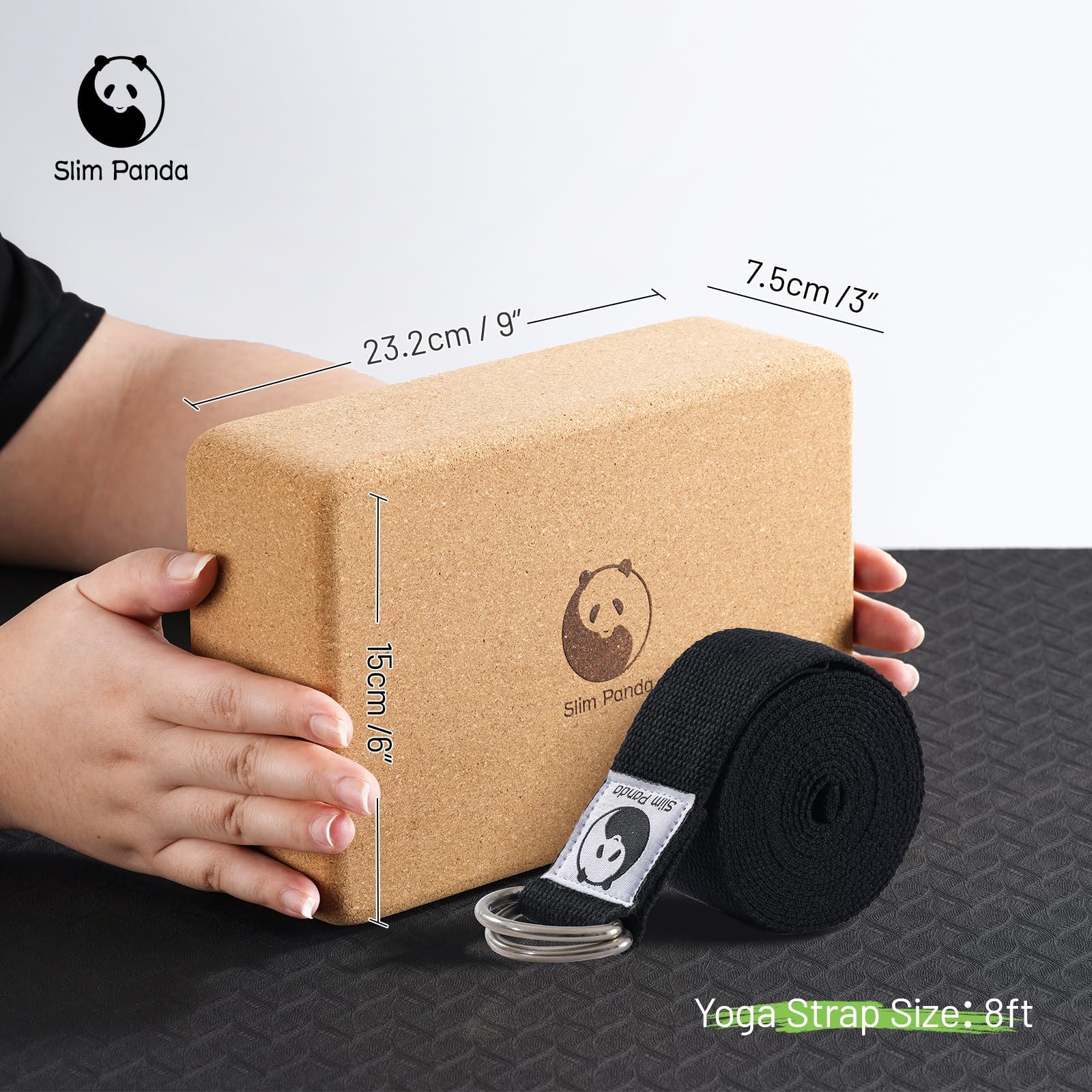 Slim Panda Cork Yoga Blocks 2 Pack, High Density, Natural, Lightweight, Non-slip, Eco-Friendly, with Strap, 9'x6'x3'