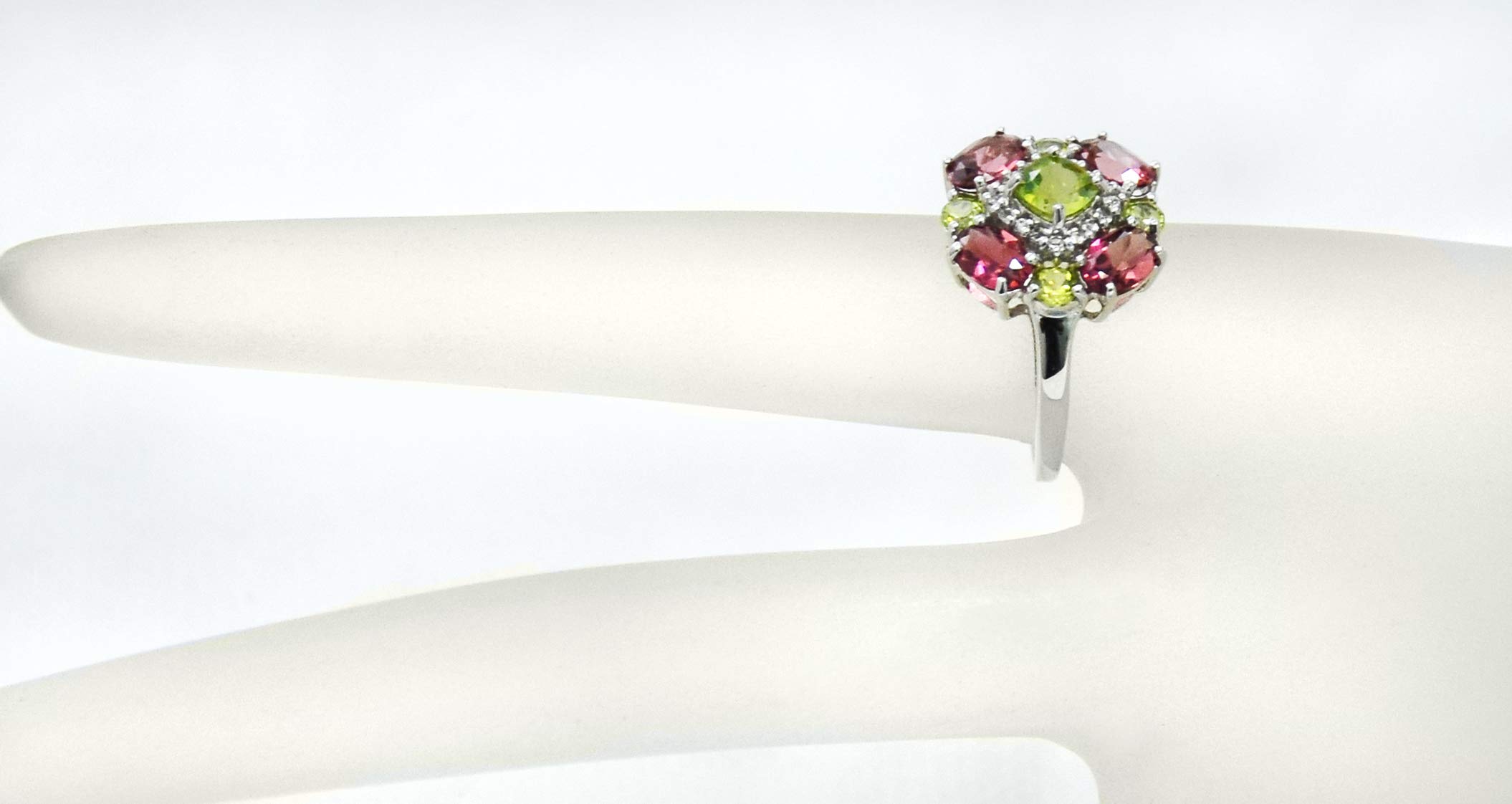 RB Gems Sterling Silver 925 Ring GENUINE GEMS Cushion 5 mm, Rhodium-Plated Finish, Floral Cluster Design (10, peridot)