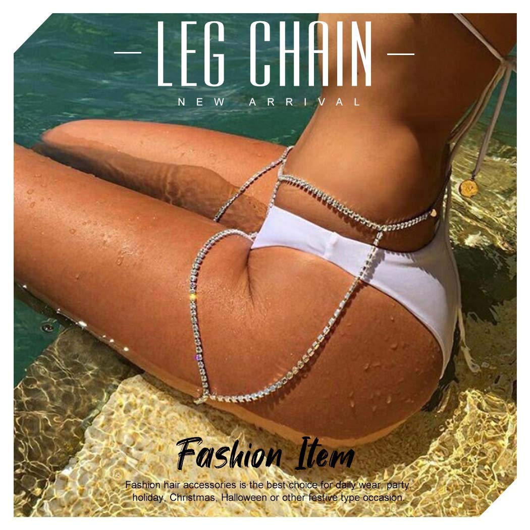 Reetan Boho Crystal Leg Chains Rhinestone Body Chain Rave Party Thigh Chain Body Jewelry Accessories for Women and Girls(B-Silver)