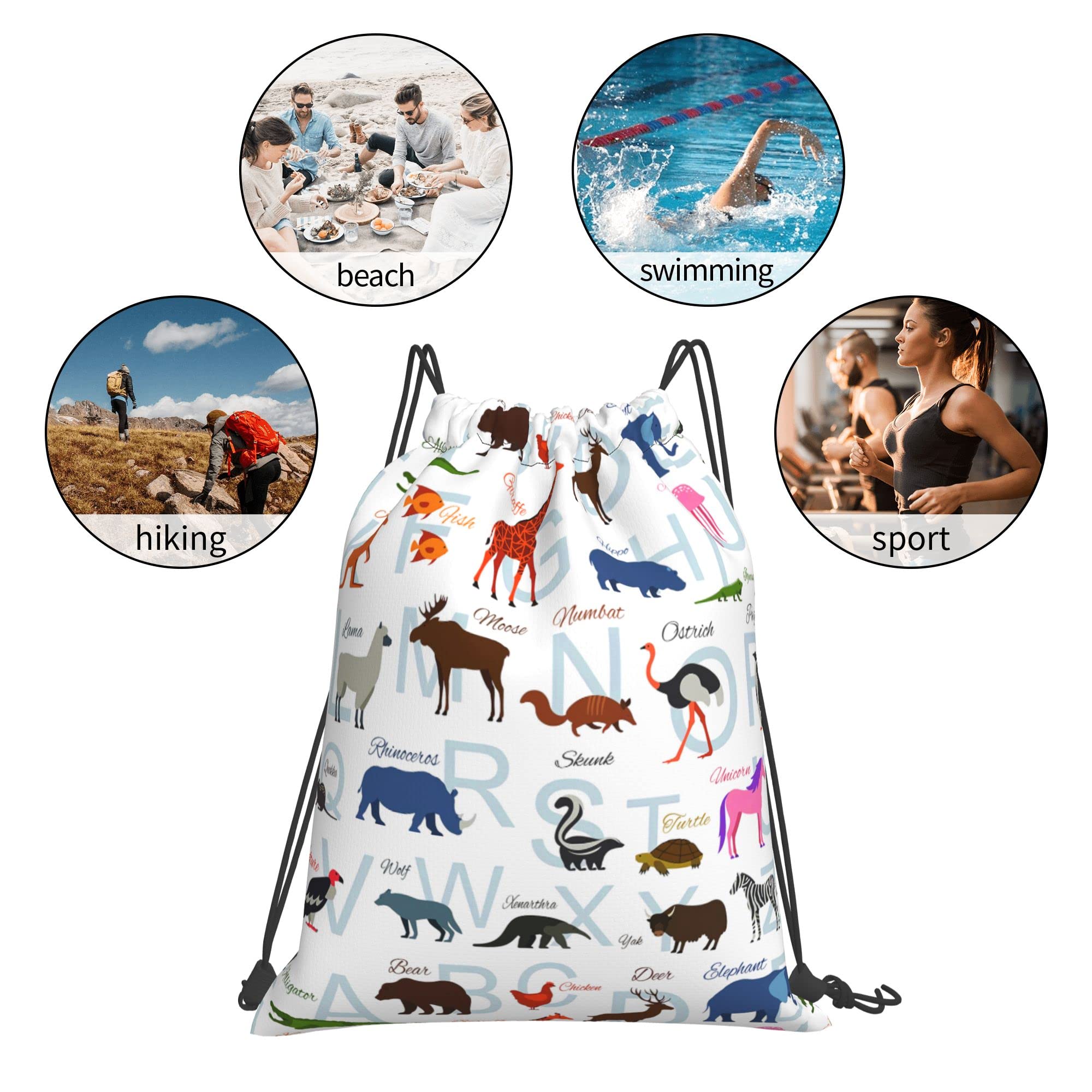 UTtitr Drawstring Backpack Alphabet Cute Zoo Animals Gym Sackpack Folding Dance Yoga Sack String Bag Waterproof Sport Daypack For Men Women Travel Beach Camping Cycling