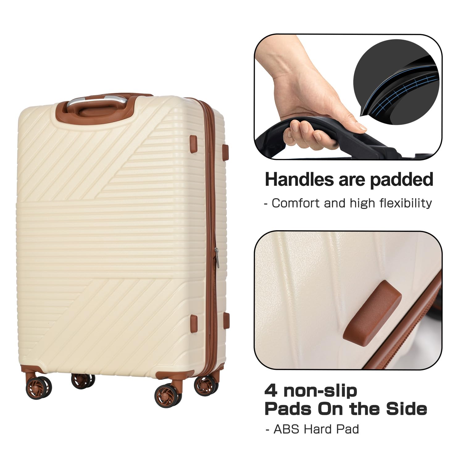 Merax Luggage Sets 3 Piece Suitcases Set ABS Expandable 8 Wheels Spinner Suitcase, TSA Lock Travel Luggage For Man And Women (Cream Brown)