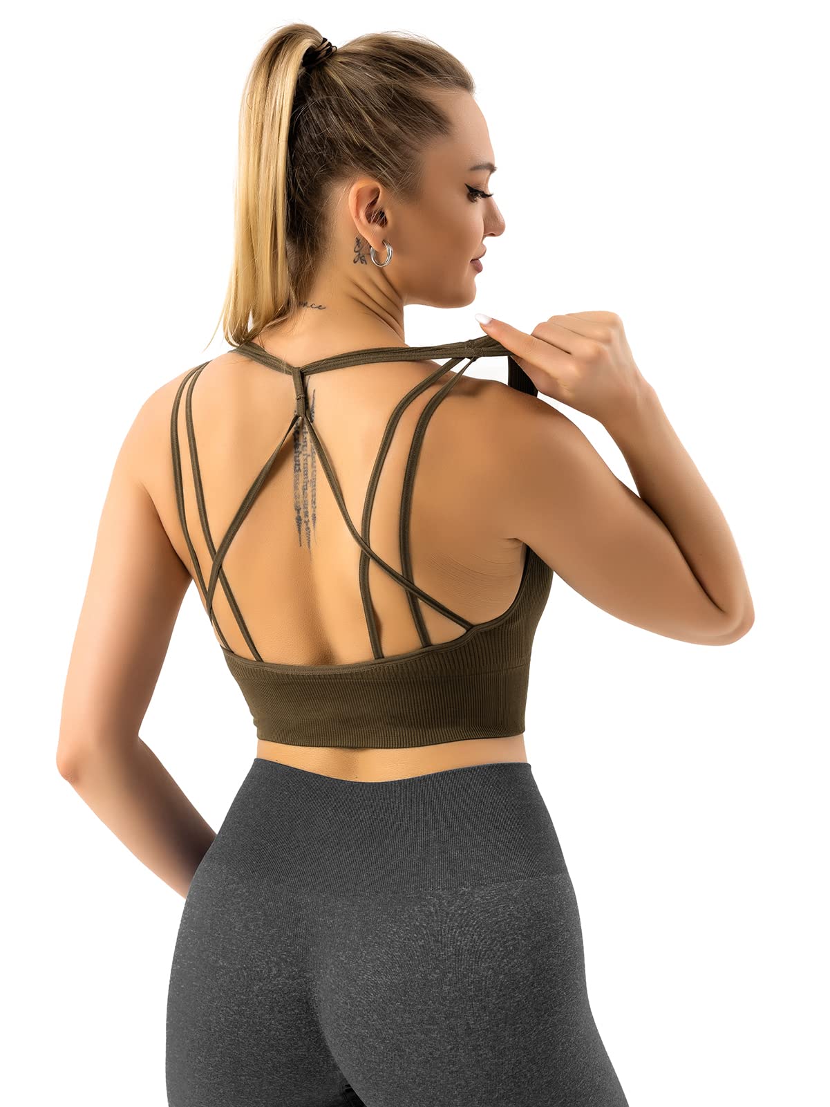 TNTOR Strappy Sports Bra for Women Sexy Crisscross Back Medium Support Yoga Bra with Removable Cups (Mocha, L)