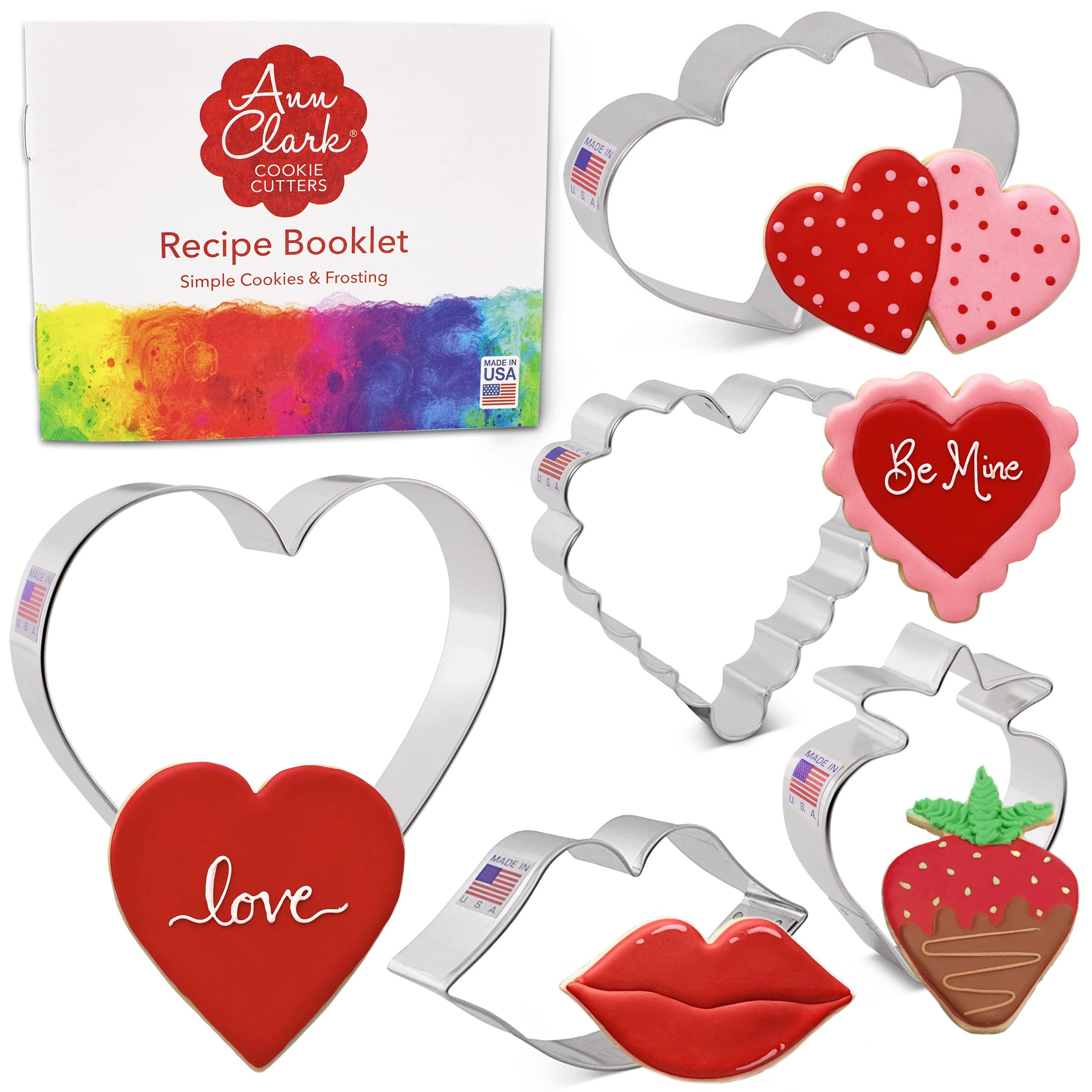 Valentines Day Cookie Cutters 5-Pc. Set Made in USA by Ann Clark, Heart, Strawberry, Scalloped Heart, Lips, Double Heart