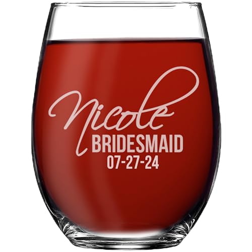 Set of 1, 2, 3, 4, 5, 6, 7, 8 Custom Etched Bride, Bridesmaid Stemless Wine Glasses - Personalized Wedding Party Glass Gifts - Feather Tip Style (1)
