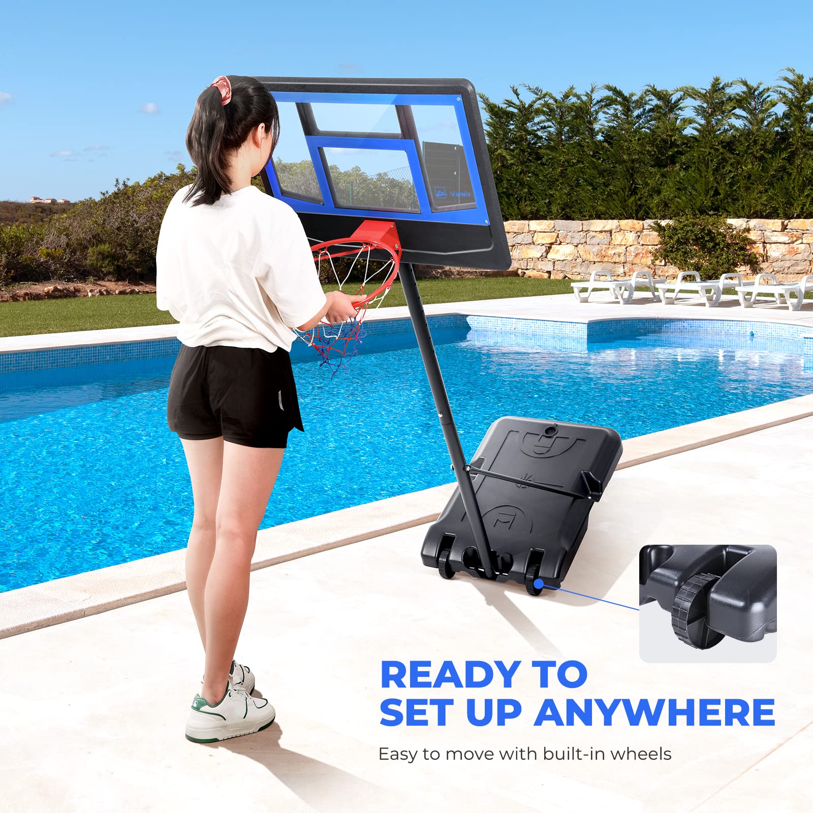 Valwix Swimming Pool Basketball Hoop with Base 47''-59'' Adjustable Height Poolside Basketball Hoop for Pool with 2 Balls and Pump