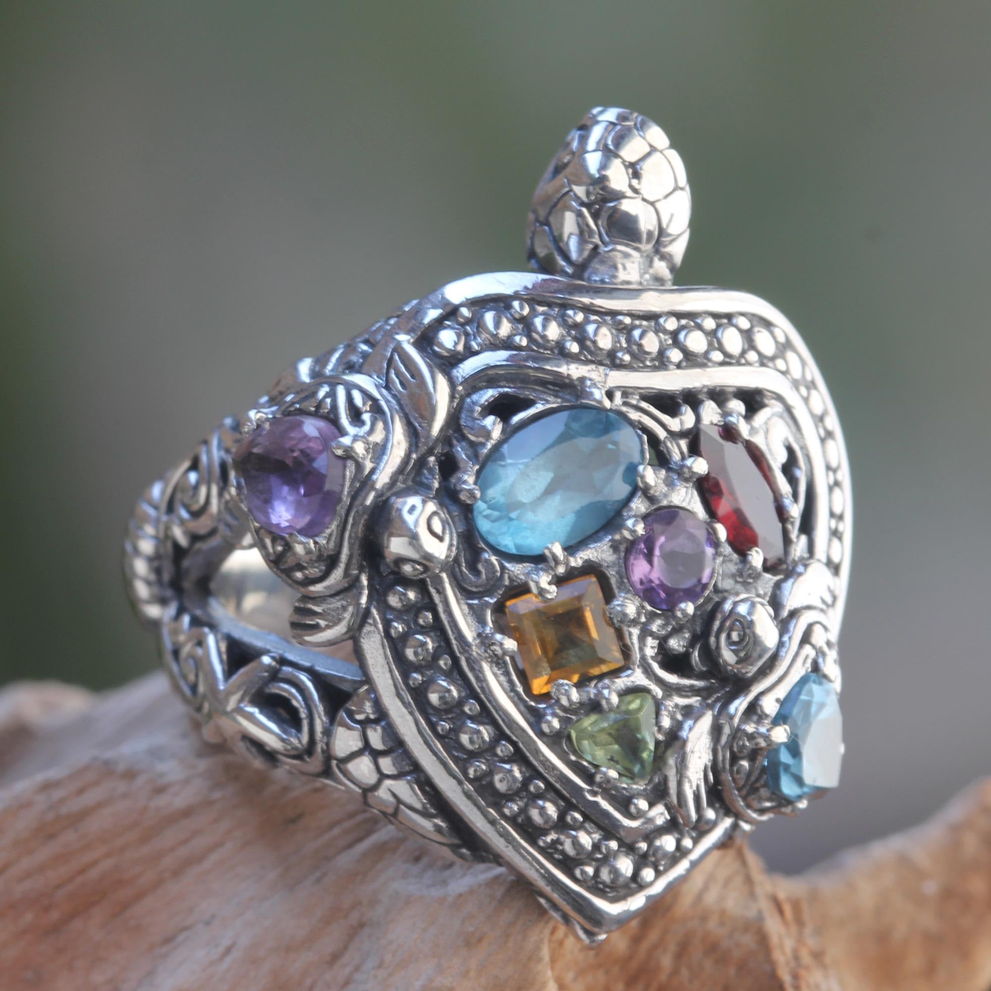 NOVICA Multi-Gem Blue Topaz .925 Sterling Silver Artisan Crafted Ring, Turtle in Paradise'