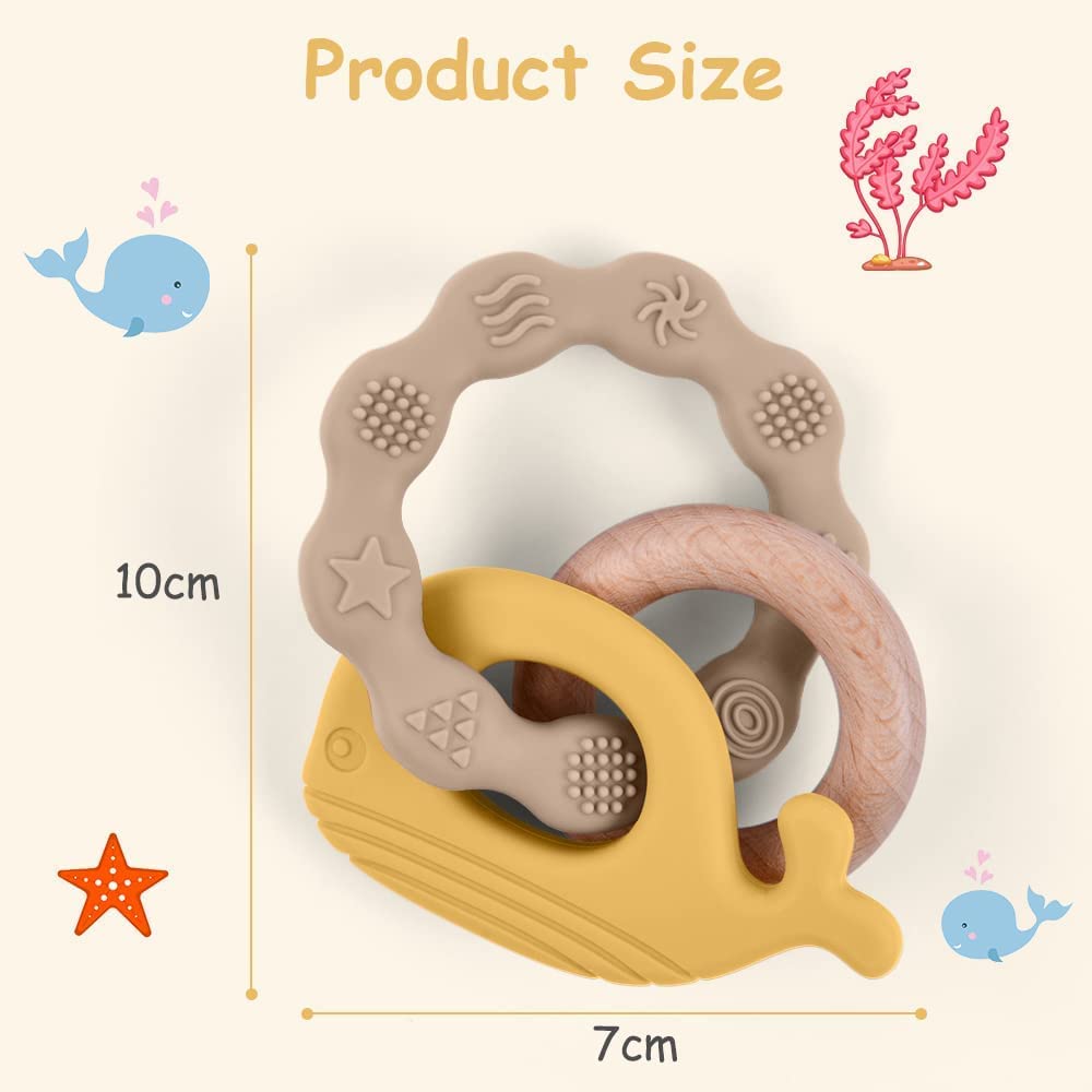 Vicloon Baby Teether Toys, Silicone & Natural Wood Teether Ring, Baby Teething Toys for Babies 0 Months+, Silicone Chewable Rings for Newborn Gift(Yellow)