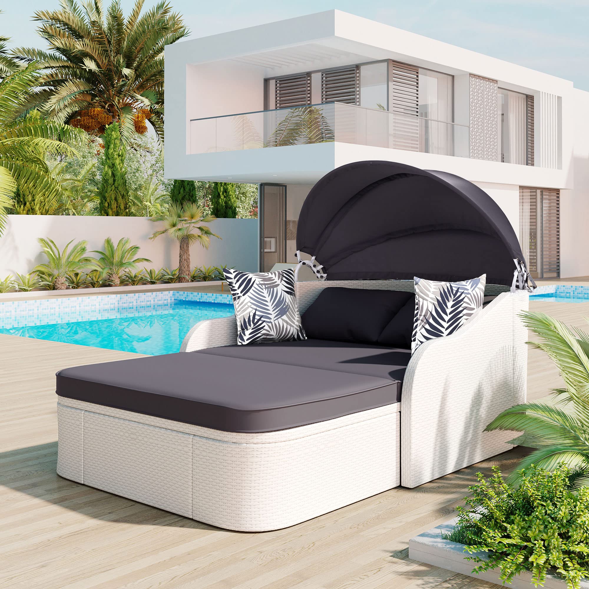 Merax Patio Furniture Sets, Outdoor Sunbed with Adjustable Canopy, Double Lounge, PE Rattan Daybed, White+Gray