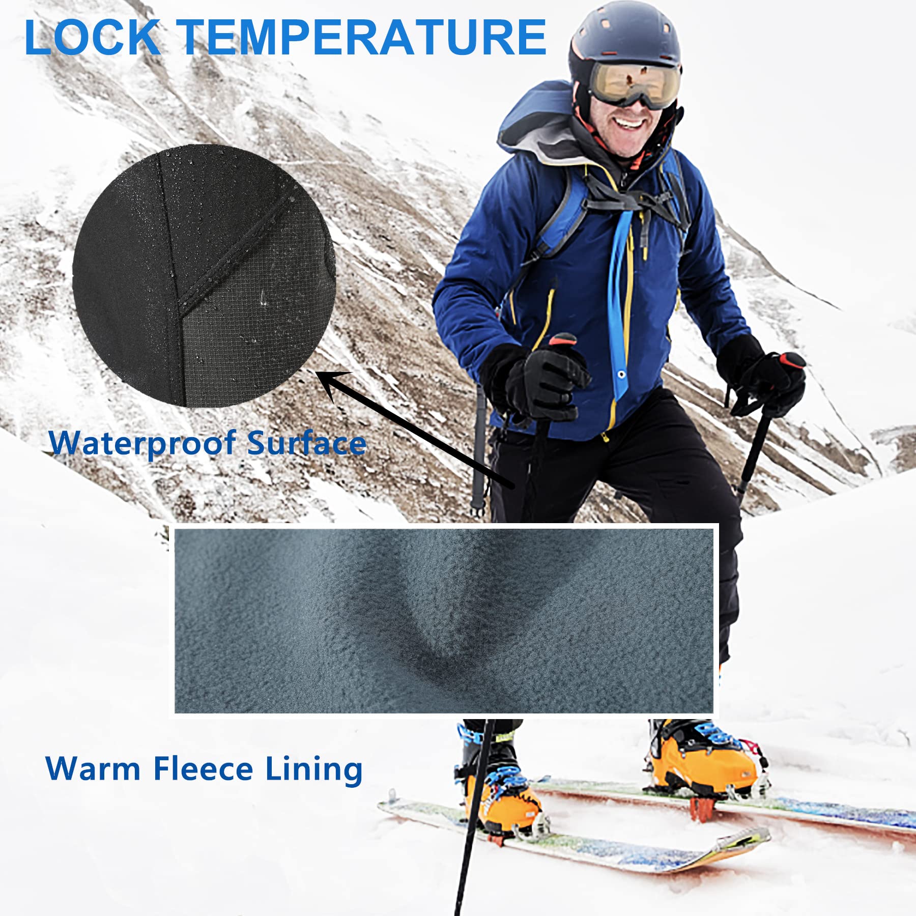 Snowcrew Mens Snow Ski Outdoor Waterproof Pants Zipper Pockets Lightweight Softshell Hiking Fleece Lined