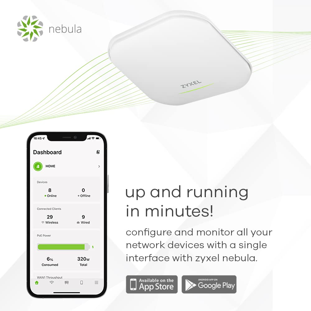 Zyxel WiFi 6E AXE5400 2.5G Multi-Gigabit Business AP | Bandflex 2.4Ghz and 5Ghz or 6Ghz Operation | 1 GbE Passthru| Mesh, Seamless Roaming, Captive Portal | Hybrid Cloud | POE+ Support | NWA220AX-6E