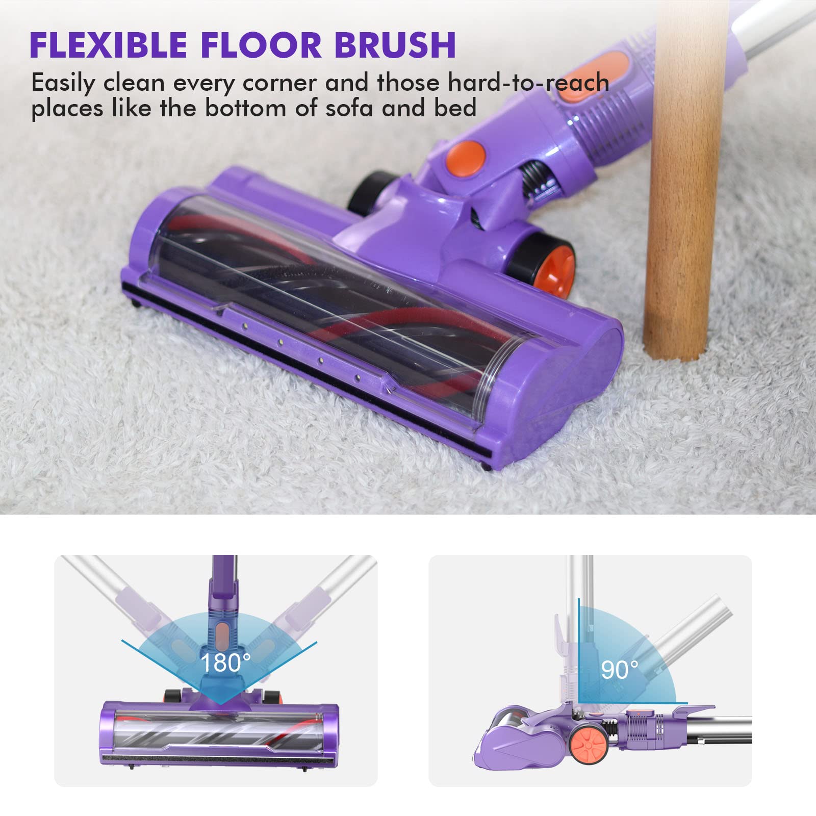 Tocwon Cordless Vacuum, 24KPa Stick Handheld Vacuum Cleaner with 250W Brushless Motor, 4 in 1 Lightweight Vacuum Cleaner with 2 in 1 Brus Purple & Orange