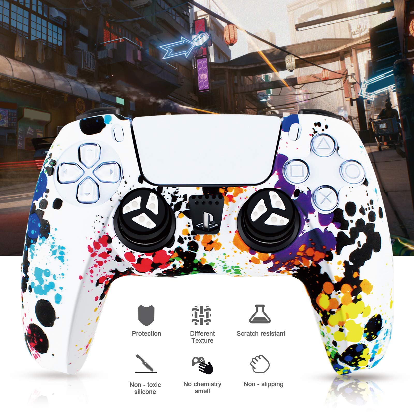 SIKEMAY Silicone Printing Cover Skin for PS5 Controller Grip, Protective Case for Playstation 5 Accessories with 10 Thumb Grip Caps(White Camouflage)