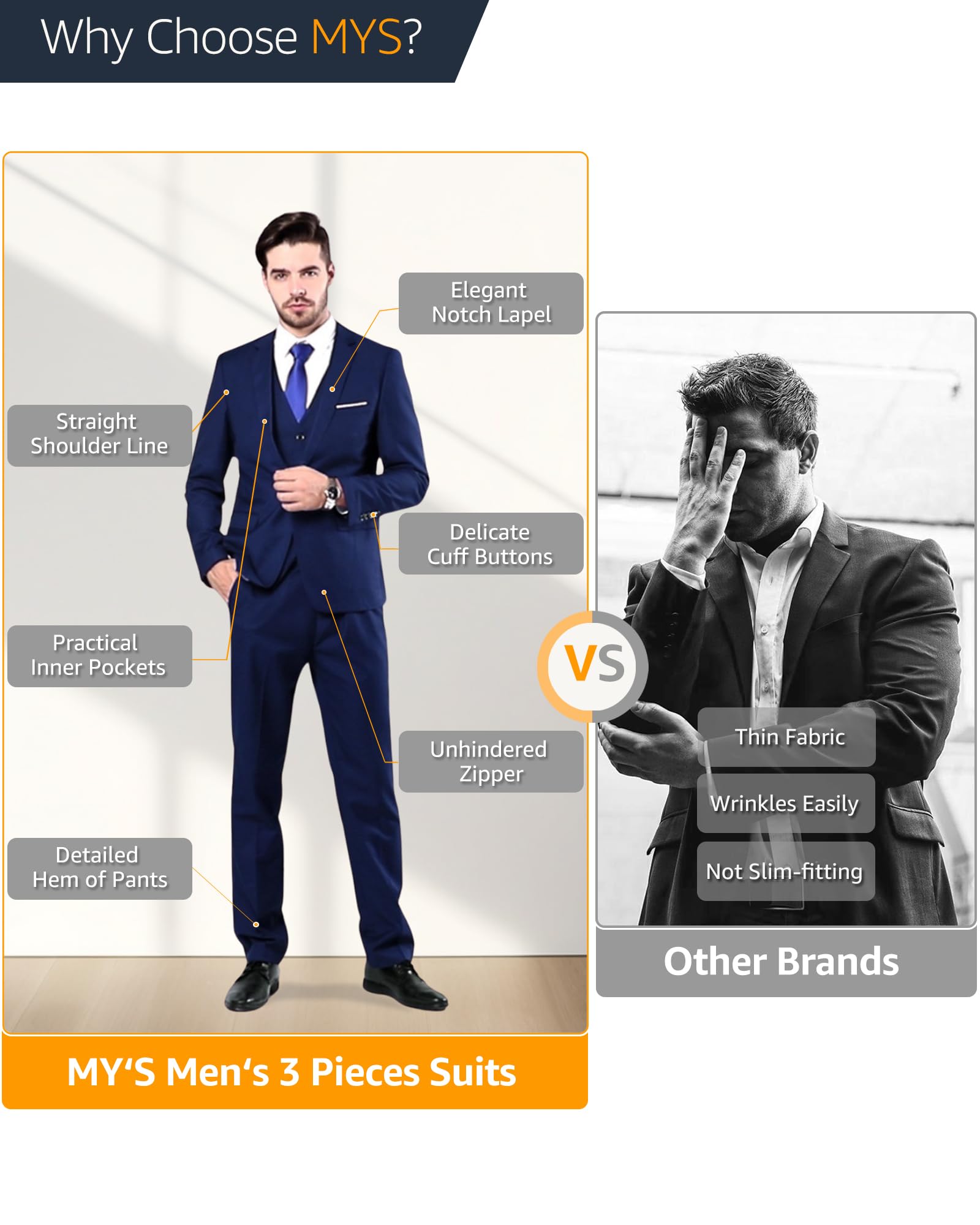 MY'S Men's 3 Piece Slim Fit Suit Set, 2 Button Blazer Jacket Vest Pants with Tie, Solid Wedding Dress Tux and Trousers Deep Blue