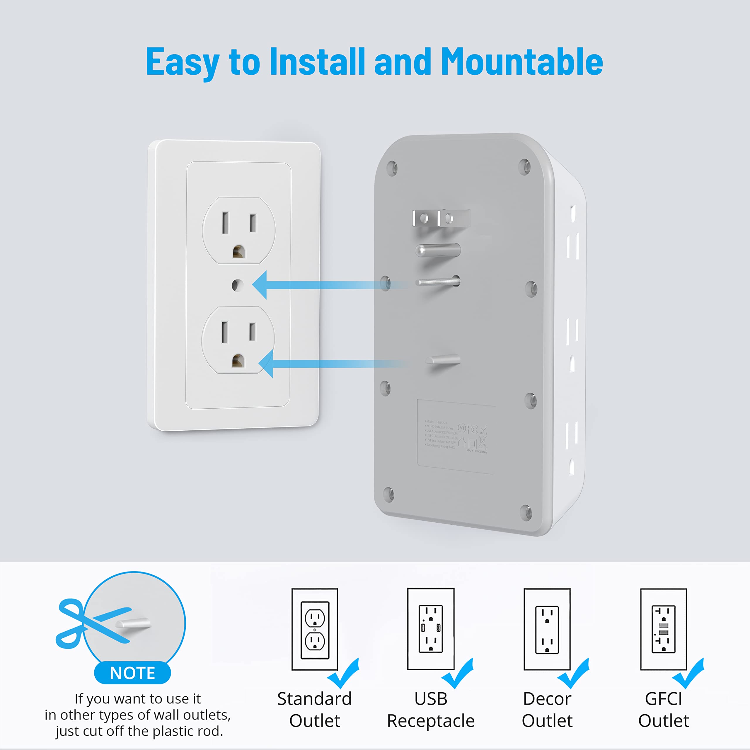 TROND Outlet Extender Surge Protector - 8 Outlet Splitter with 3 USB Ports (1 USB C), Multiple Plug Expander with ON/Off Switch, 3 Sided Multi Plug Wall Adapter Power Strip for Home Office Kitchen