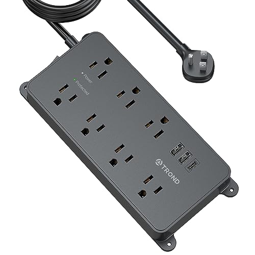 TROND Power Strip Surge Protector 10ft, ETL Listed, Flat Plug Extension Cord with 3 USB Ports (1 USB C), Wall Mountable, 7 Widely-Spaced Outlets, 1700J, Black