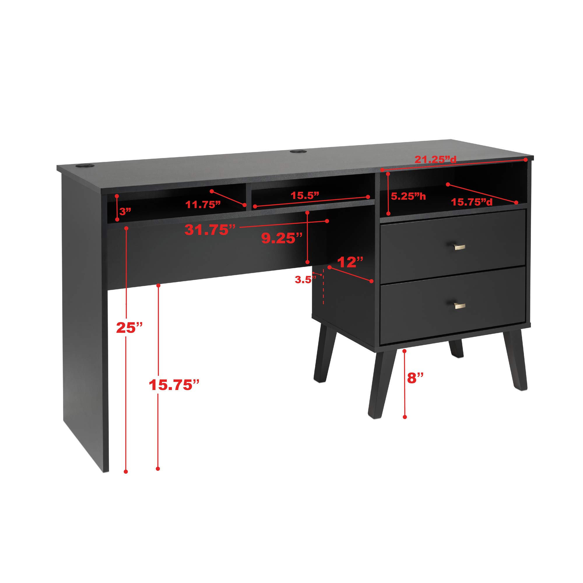 Prepac Milo Desk with Side Storage and 2 Drawers, 55", Black