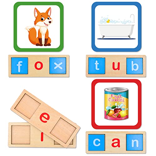 Victostar 121PCS Short Vowel Reading Letters Sorting Spelling Toy Set,Wooden Reading Blocks Learning CVC Sight Words Flashcards Alphabet Montessori Toy Gift for 3 4 5 Years Old